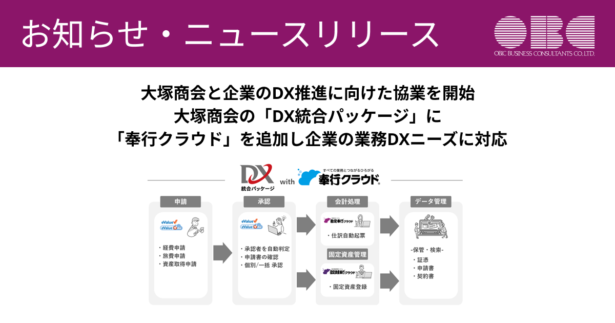 お知らせ・ニュース）20241121OBC、大塚商会と企業のDX推進に向けた協業を開始 大塚商会の「DX統合パッケージ」に『奉行クラウド』を追加し 企業の業務DXニーズに対応